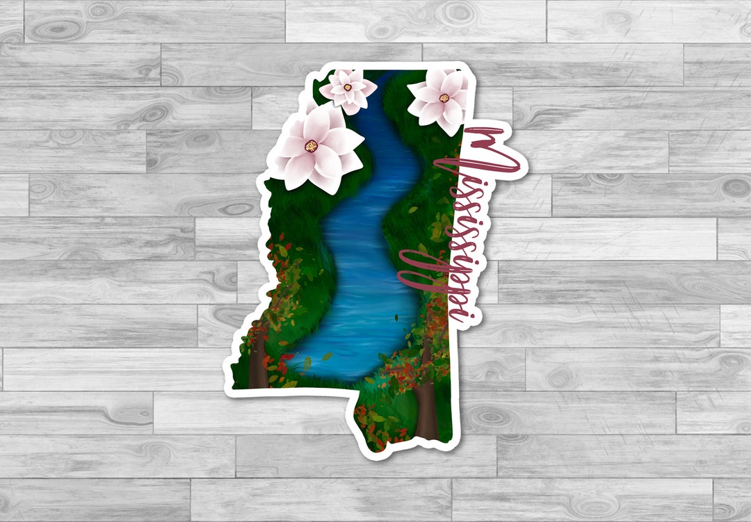 Mississippi State Sticker, Hand Drawn Design, River and Flowers, Matte ...