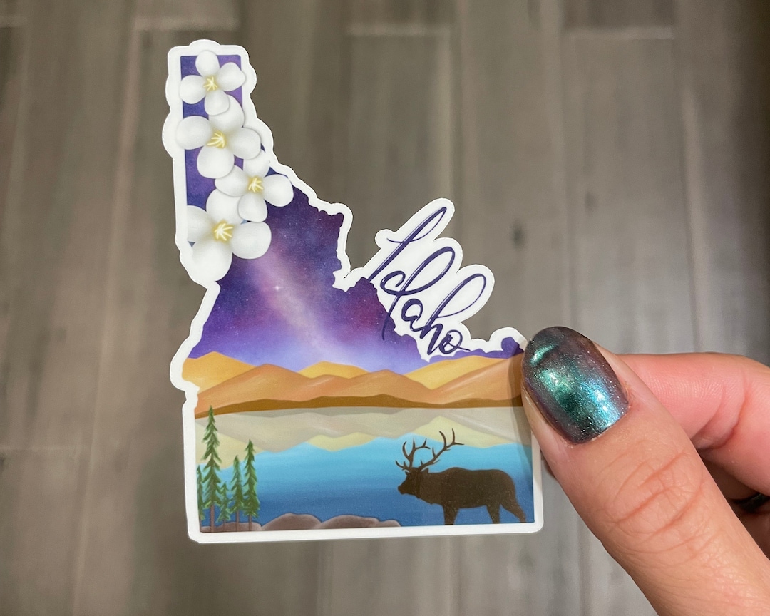 Idaho State Sticker, Hand Drawn Design, Elk, Flowers, Matte Laminated ...
