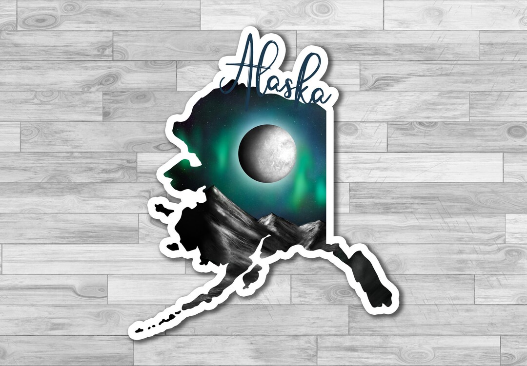 Alaska State Sticker, Hand Drawn Design, Aurora Moon Mountains, Matte ...