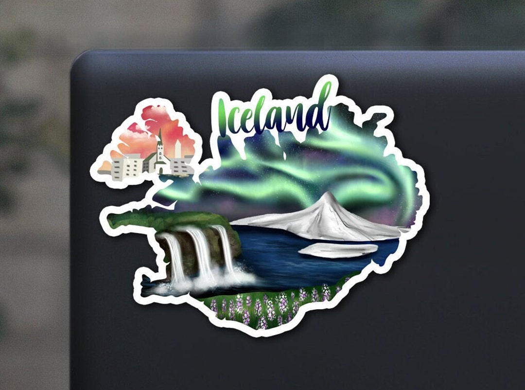 Iceland Sticker, Hand Drawn Design, Northern Lights, Waterfalls ...