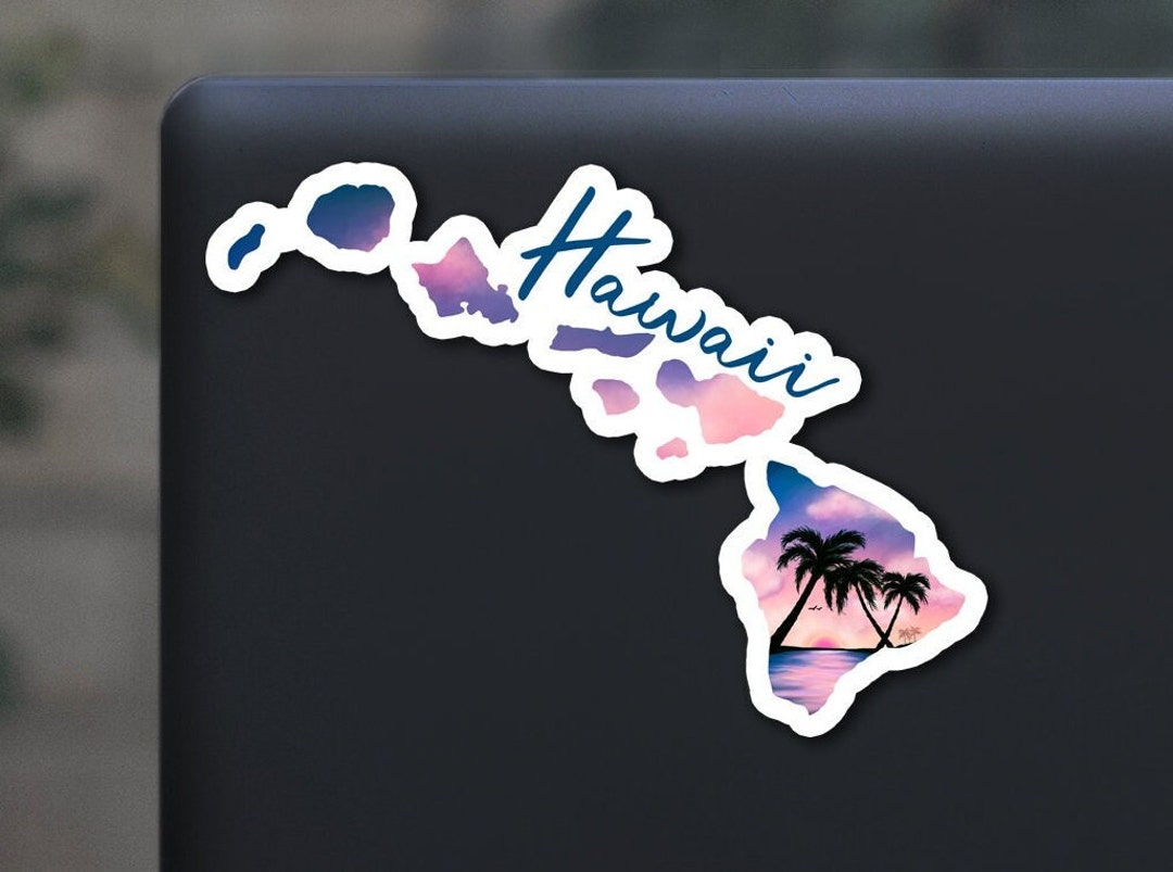 Hawaii State Sticker, Hand Drawn Design, Palm Trees Beach Sunset, Matte ...