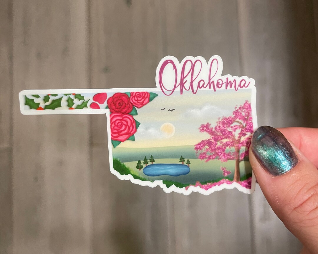 Oklahoma Sticker, Hand Drawn Design, Flowers Lake, Matte Laminated ...