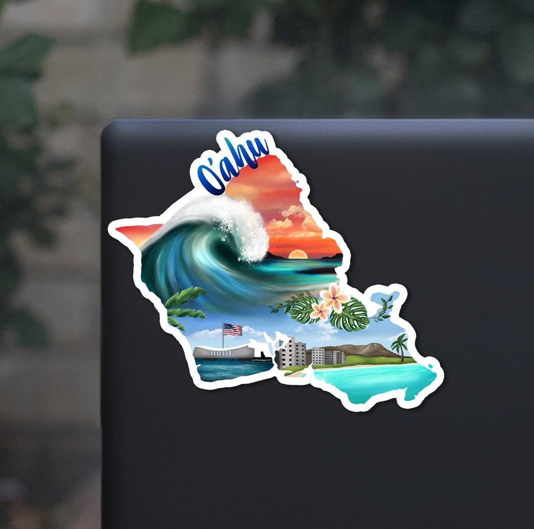 O'ahu Hawaii Island Sticker, Hand Drawn Design, Palm Trees Beach Sunset ...