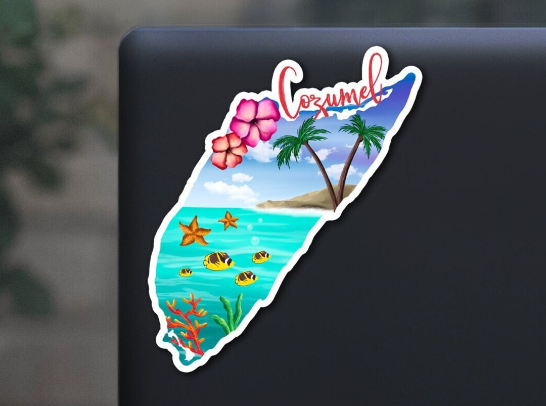 Cozumel Mexico Sticker, Hand Drawn Design, Palm Trees Beach Coral Reef ...