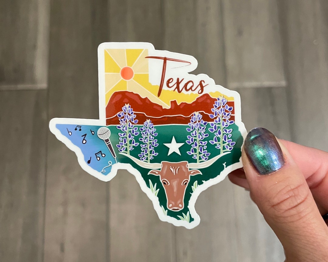 Texas State Sticker, Hand Drawn Design, Mountains Longhorn Star, Matte ...