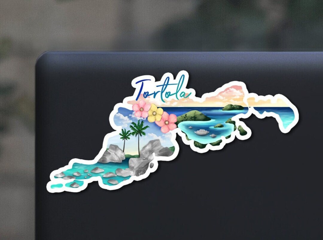 Tortola BVI Sticker, Hand Drawn Design, Palm Trees Beach Flowers, Matte ...