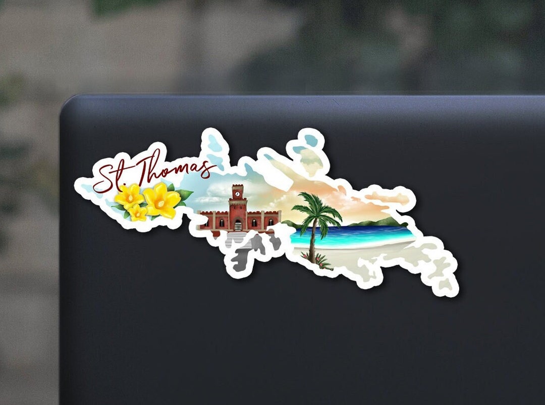 St. Thomas USVI Sticker, Hand Drawn Design, Palm Trees Beach Flowers ...