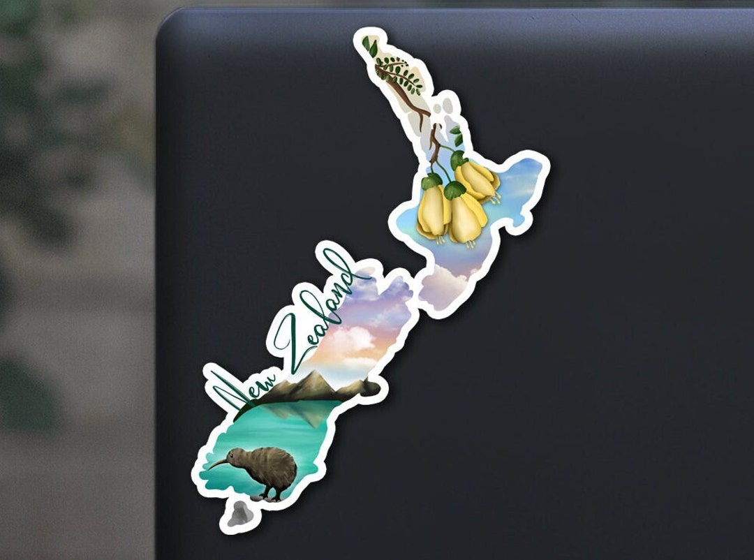 New Zealand Sticker, Hand Drawn Design, Mountains, Lake, Kiwi, Kowhai ...