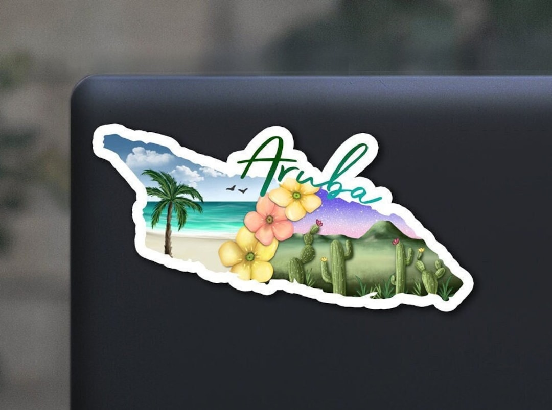 Aruba Sticker, Hand Drawn Design, Palm Trees Beach Cactus, Matte ...