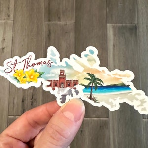 St. Thomas USVI Sticker, Hand Drawn Design, Palm Trees Beach Flowers ...