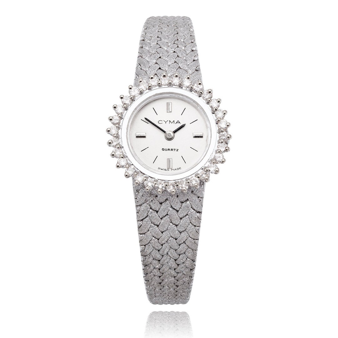 Estate CYMA QUARTZ Lady's 14KT White Gold Swiss Made Dress Watch With ...
