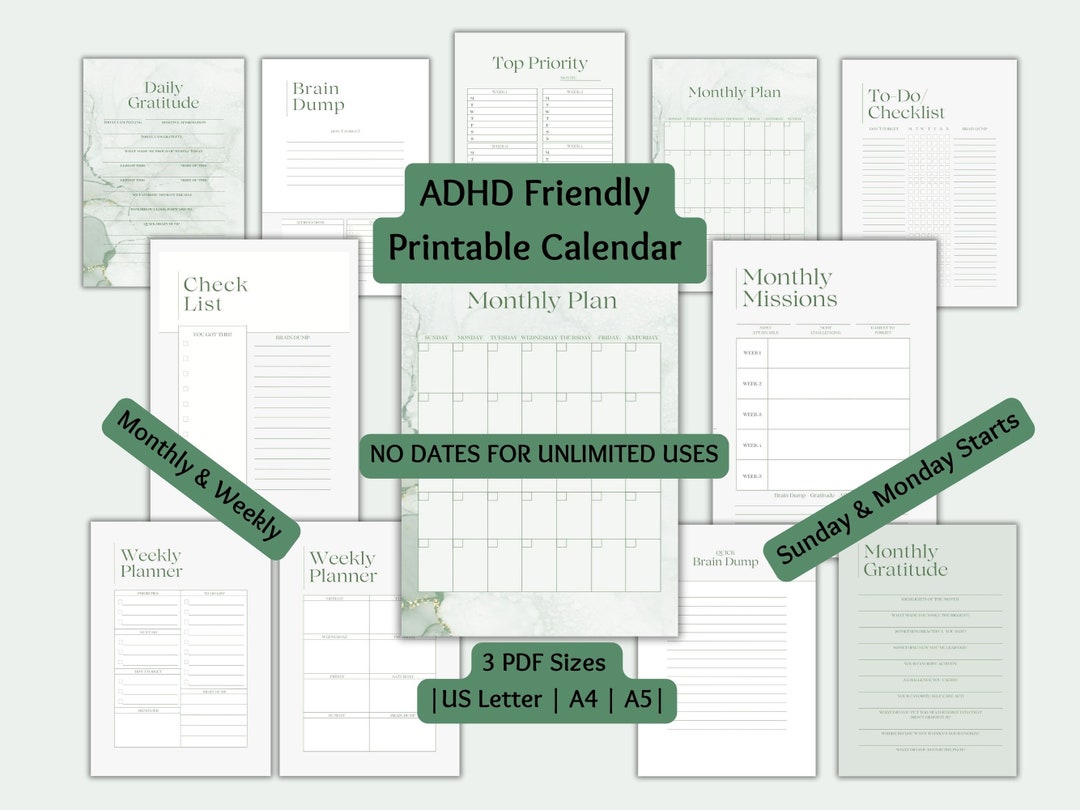 ADHD Monthly Calendar Weekly Planner | ADHD Checklist, Brain Dump| ADHD ...