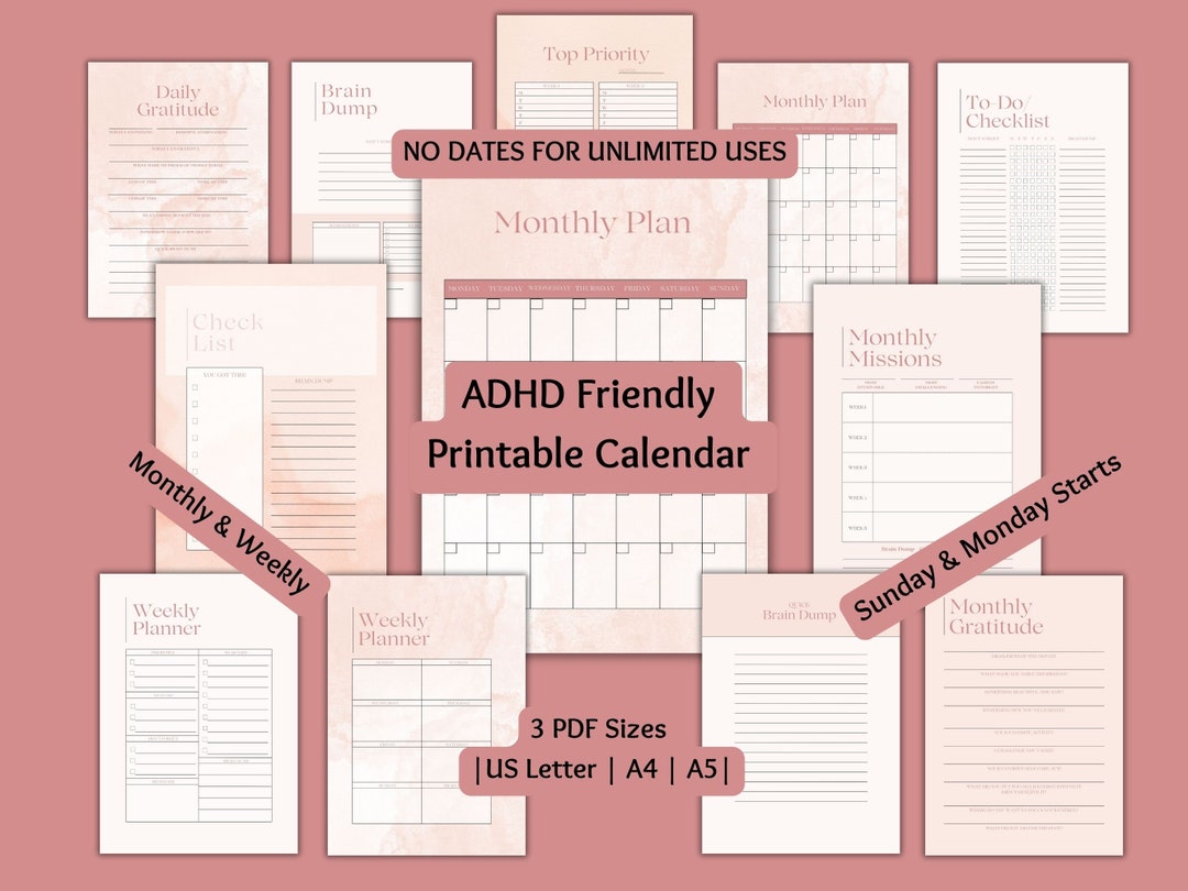 ADHD Monthly Calendar Weekly Planner | ADHD Checklist, Brain Dump| ADHD ...