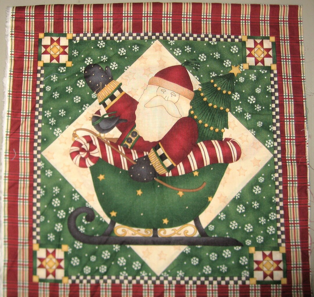2 Fabric Panels of Santa Claus in Sleigh With Plaid Red and Green ...