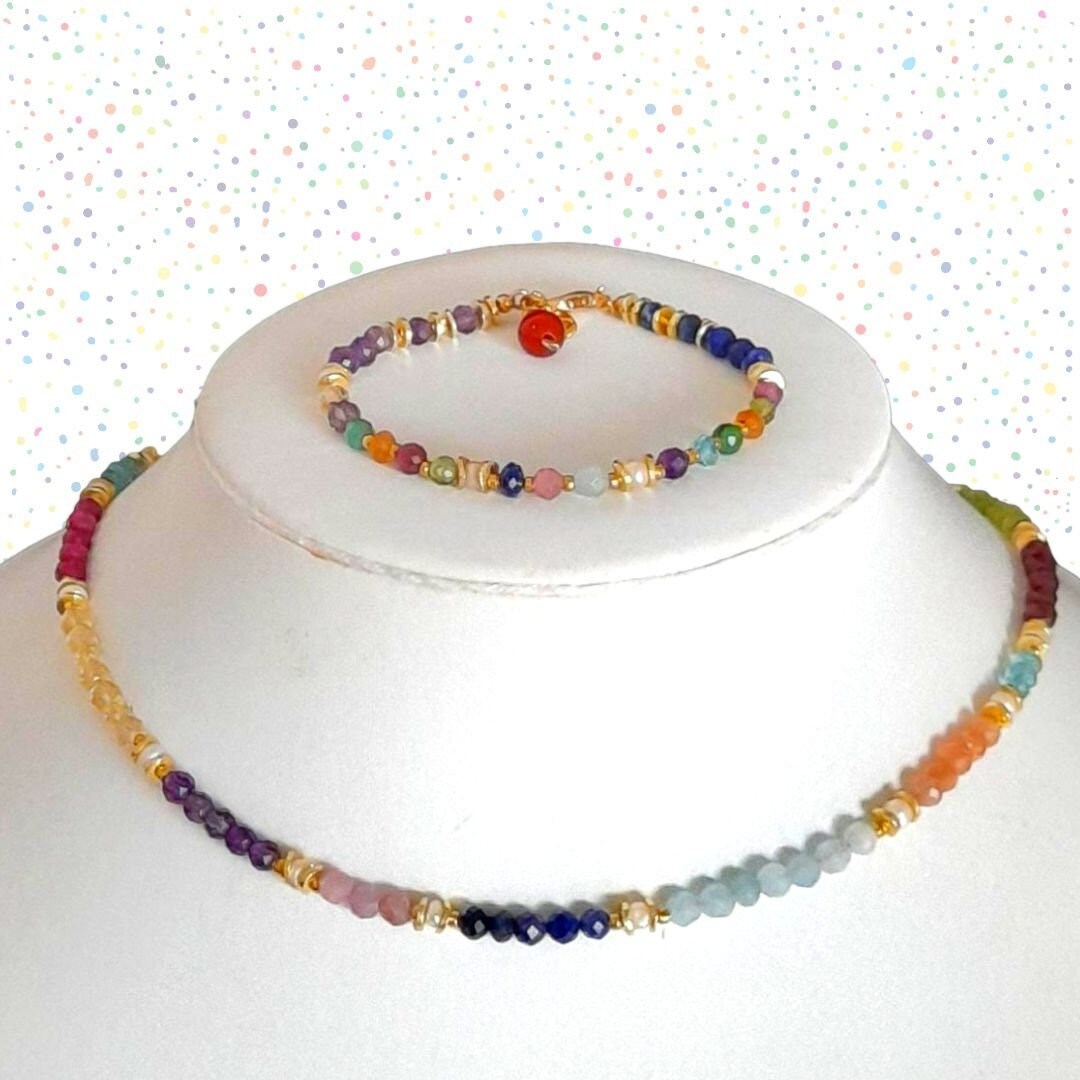 Gemstone Jewelry Set, Duo of Gemstone Necklace and Gemstone Bracelet ...