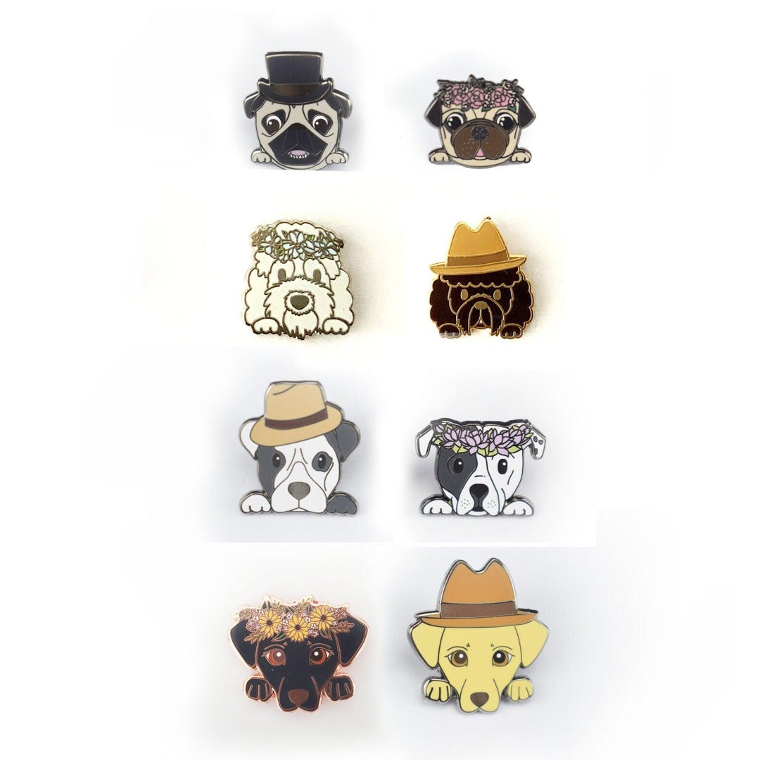 Set of 8 Dog Enamel Pins, Dog in Vintage Hat, Dog With Floral Crown - Etsy