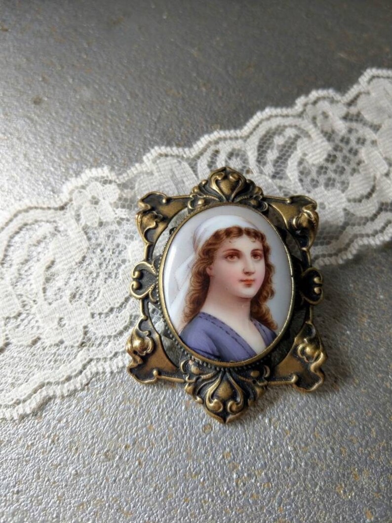 Beautiful Antique Brass Brooch With Miniature Portrait on | Etsy