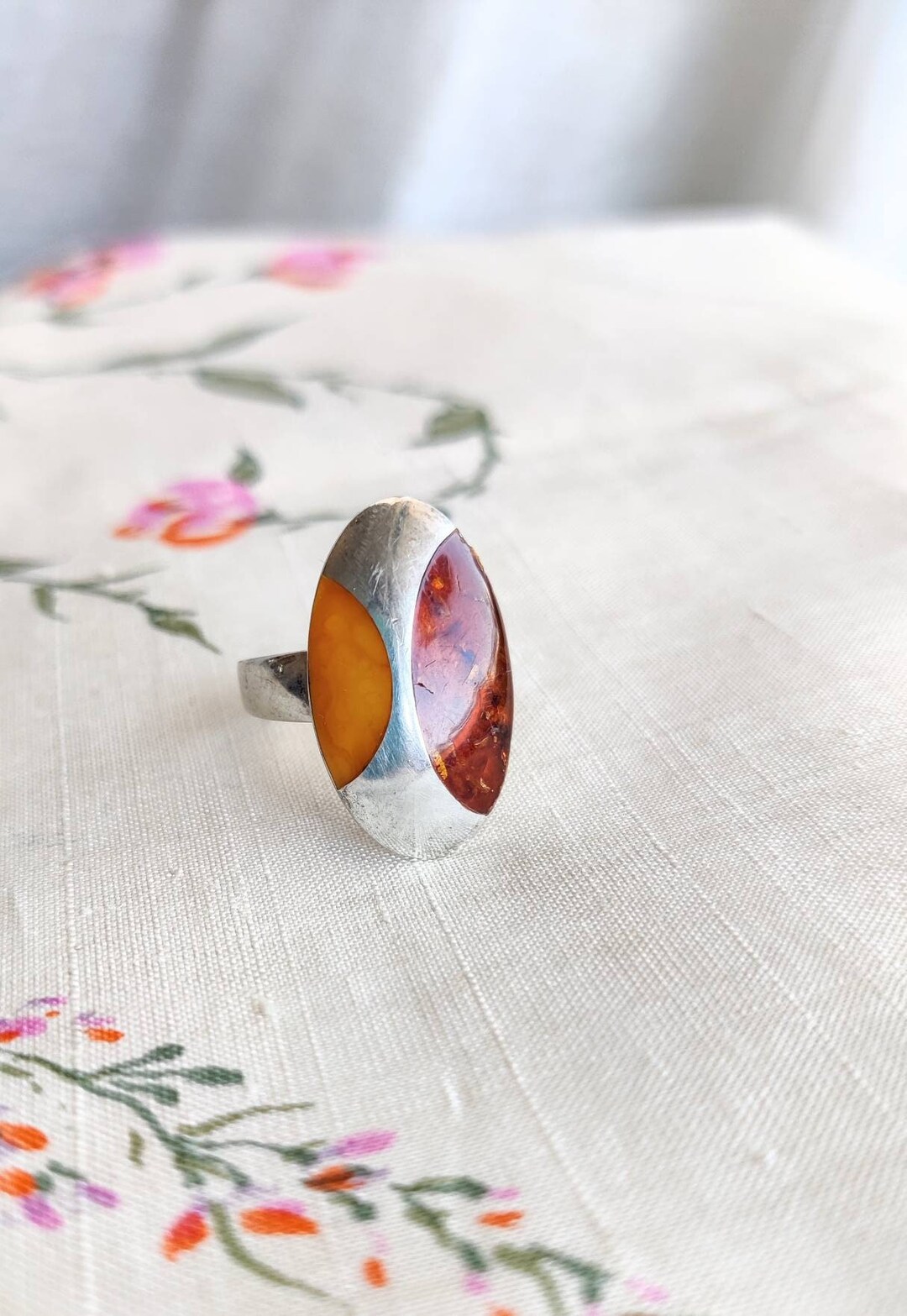 Vintage Modernist Ring in Sterling Silver and Amber - Etsy