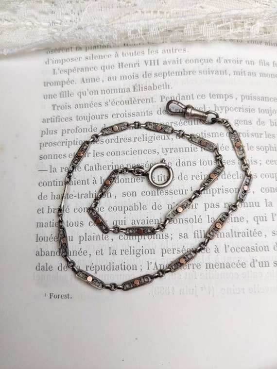 Antique silver watch chain with rose gold plated deta… - Gem
