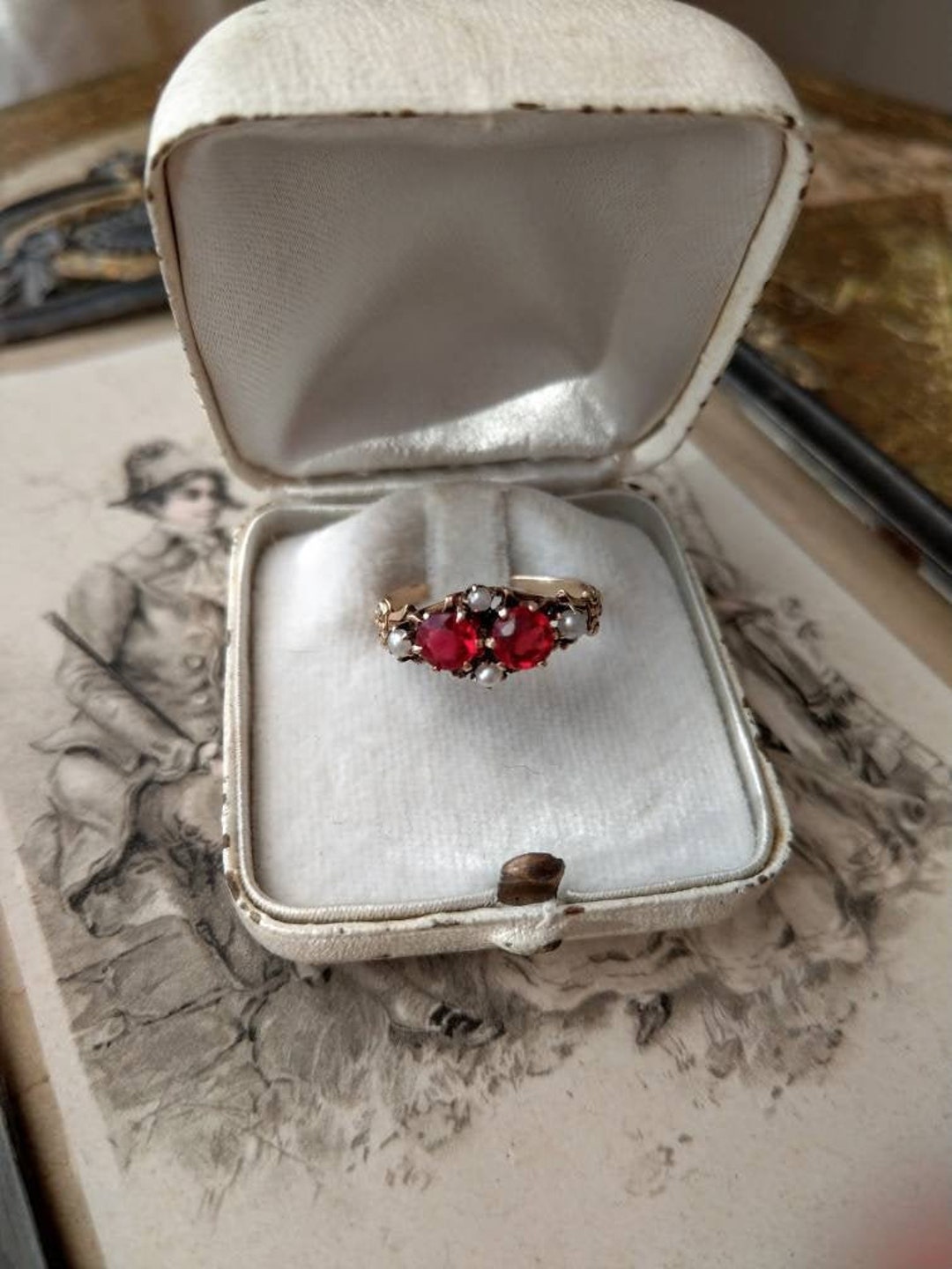 Antique Edwardian Ring 10k Red Paste and Seed Pearls - Etsy