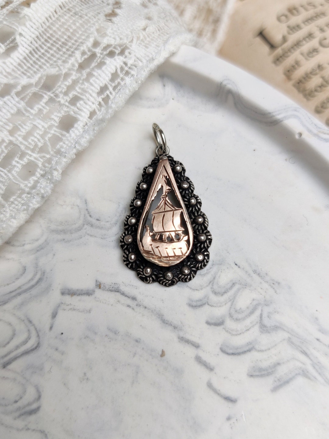 Antique Silver and Rose Gold Pendant, Boat, Marine Pendant - Etsy