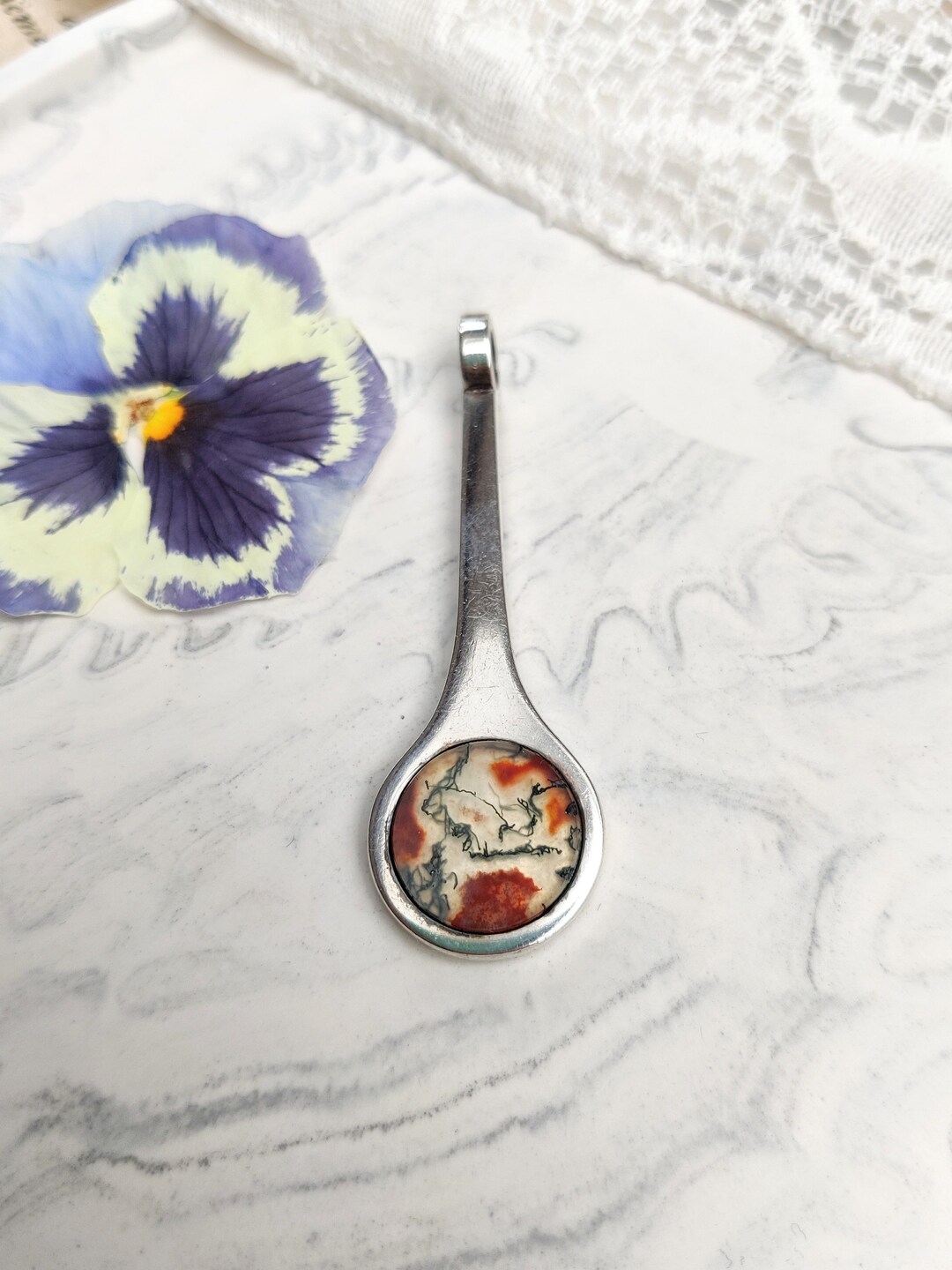 Vintage Modernist Pendant in Sterling Silver and Moss Agate, Signed ...