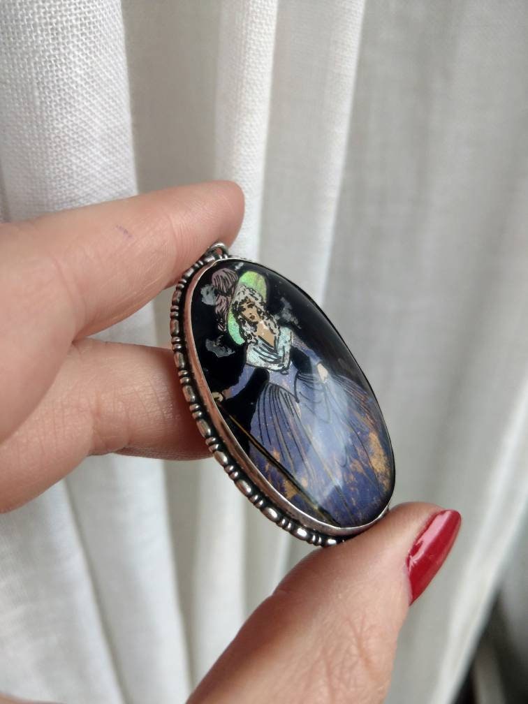 Antique silver pendant woman with butterfly wing blue morpho | Etsy