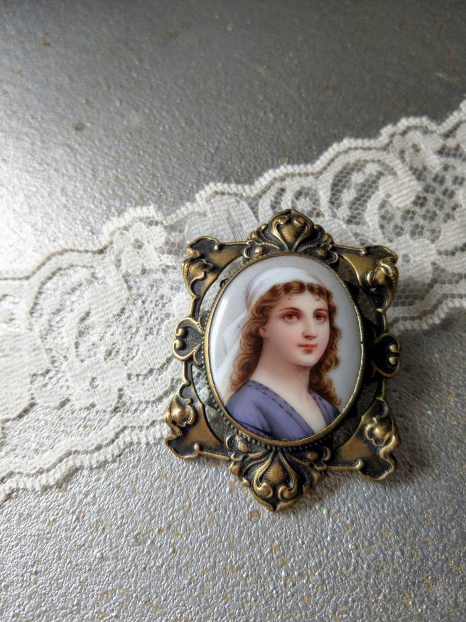 Beautiful Antique Brass Brooch With Miniature Portrait on | Etsy