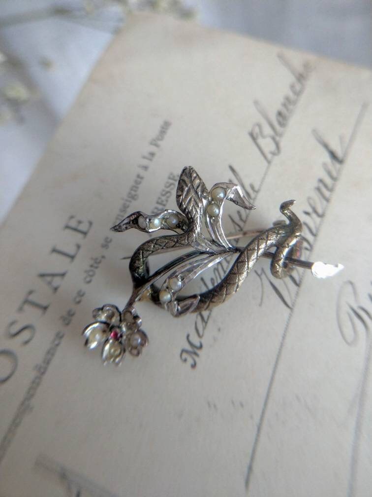 Antique Art Nouveau Silver Brooch Snake and Flower | Etsy