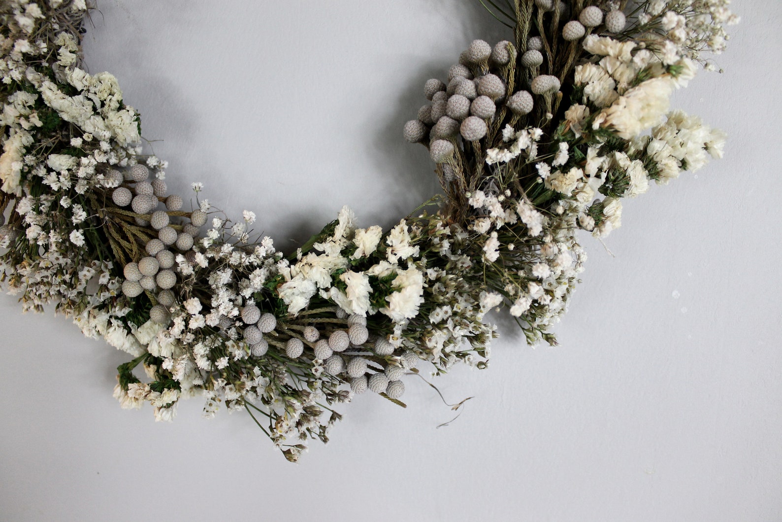 Dried Wreath With Baby Breath, Silver Brunia, White Statice, and German ...