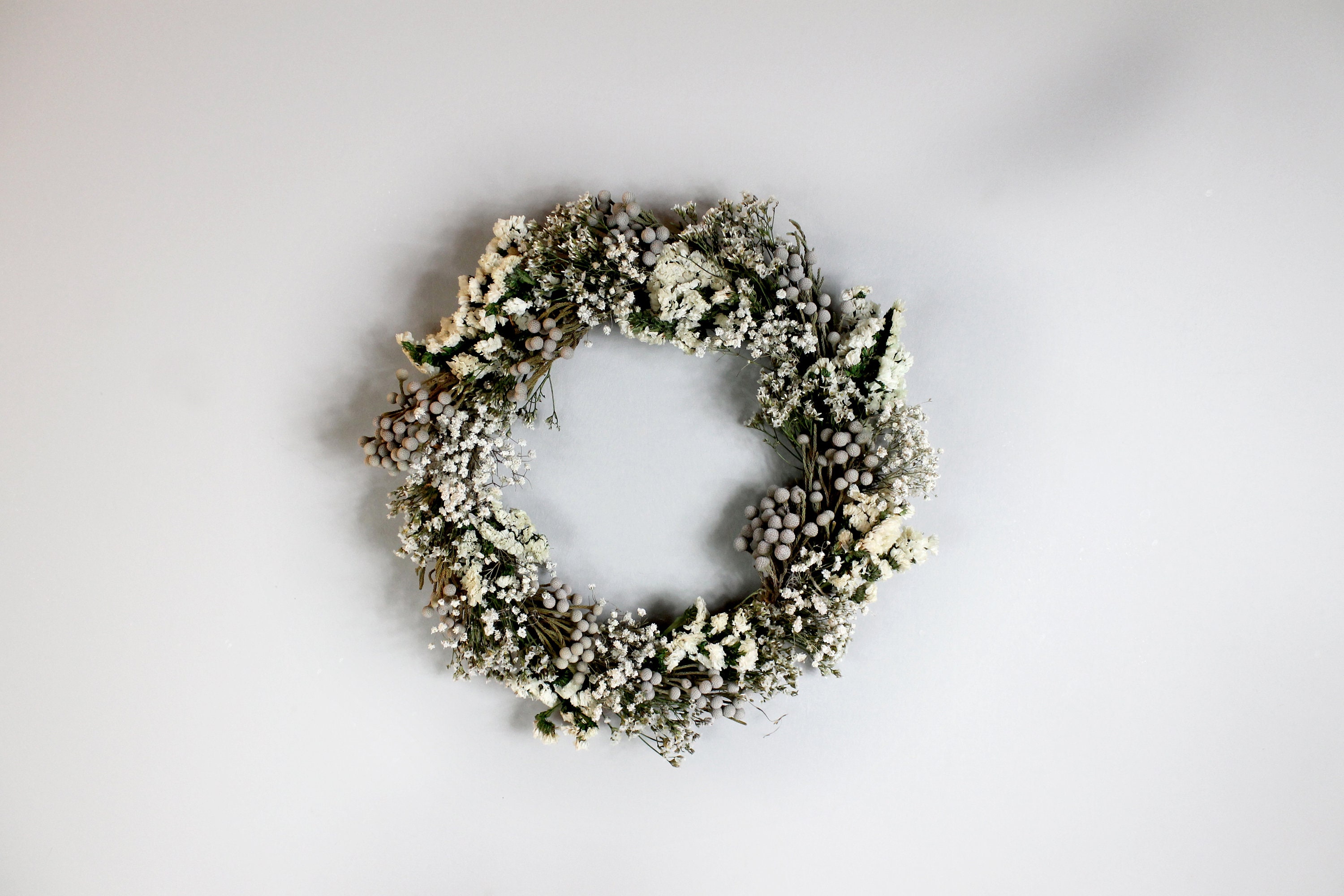 Dried Wreath With Baby Breath, Silver Brunia, White Statice, and German ...