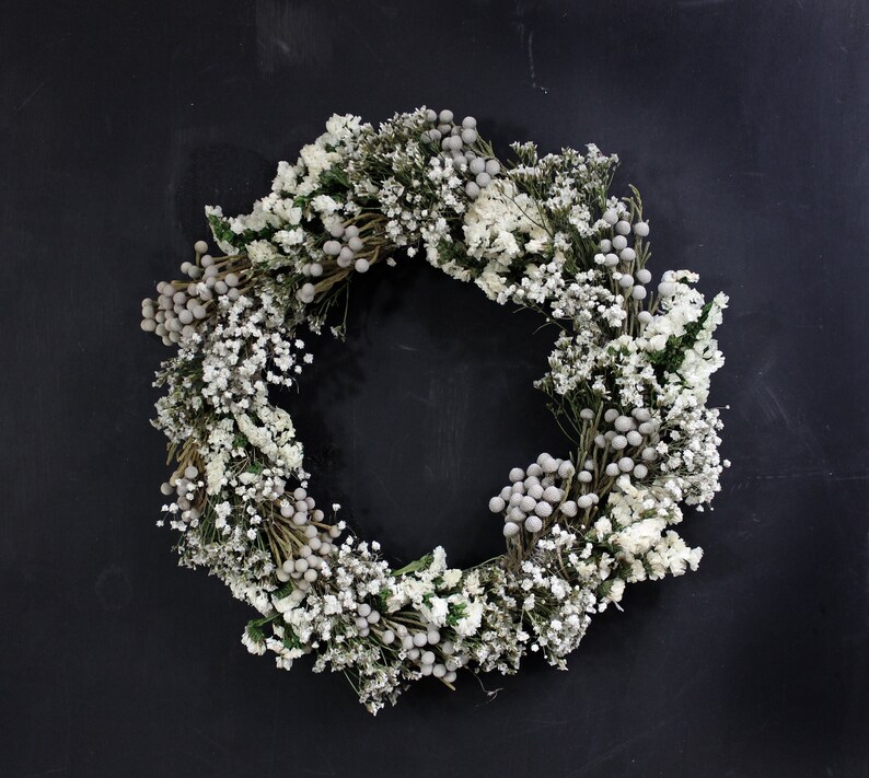 Dried Wreath With Baby Breath, Silver Brunia, White Statice, and German ...
