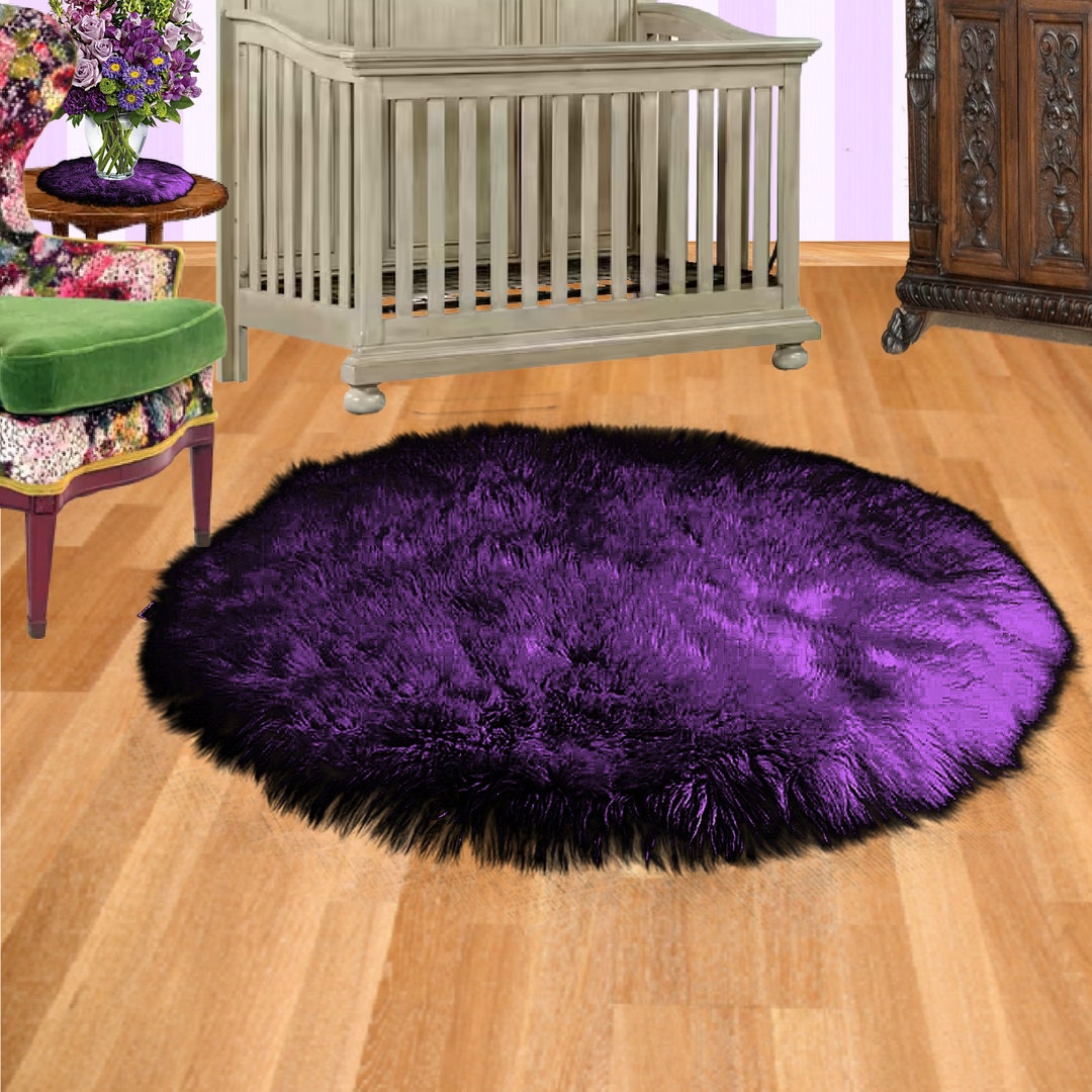 Faux Fur Rug, Baby Nursery Rug, Kids Bedroom, Round Rug, Black Tipped ...