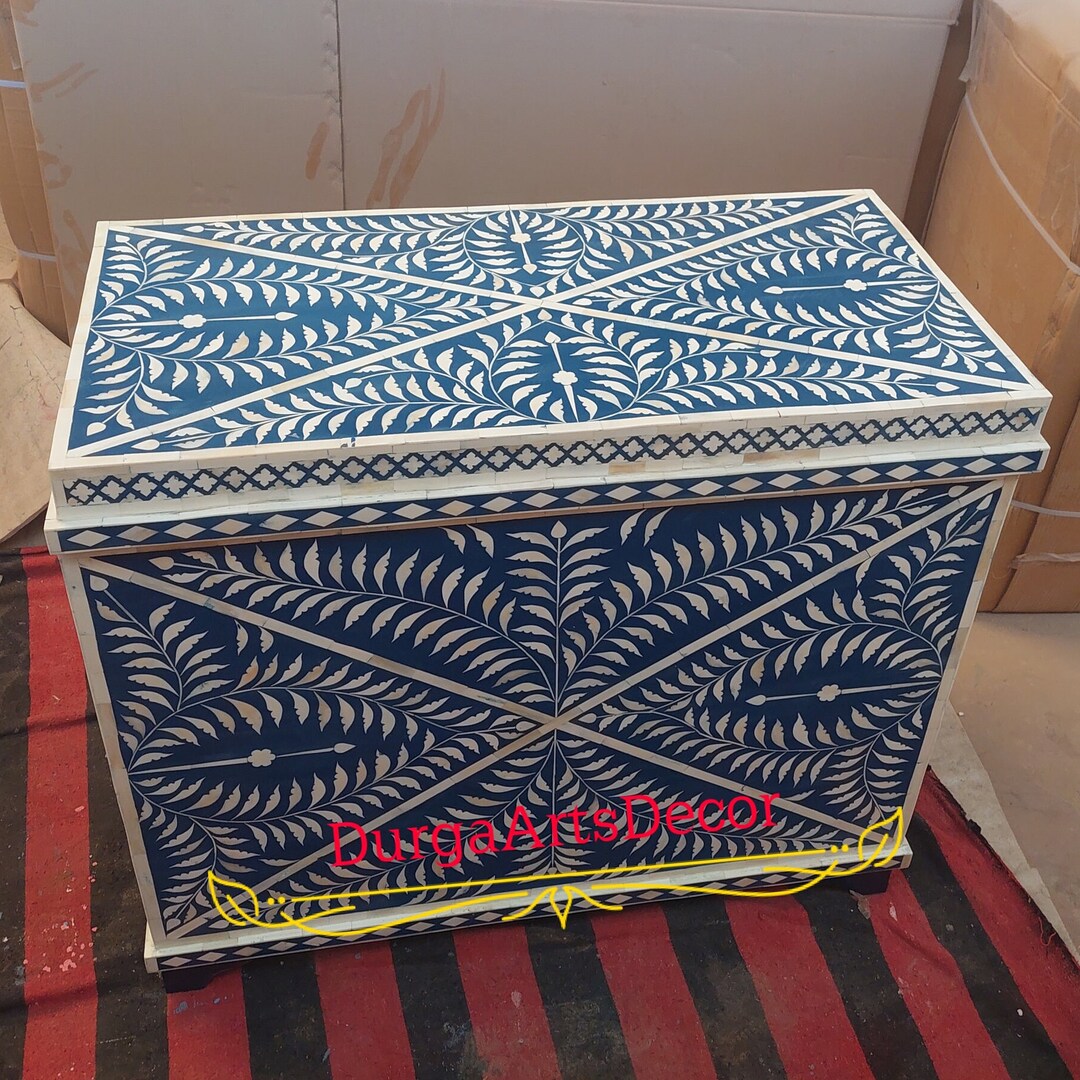 Bone Inlay Navy Blue Floral Pattern Big Storage Box - Etsy