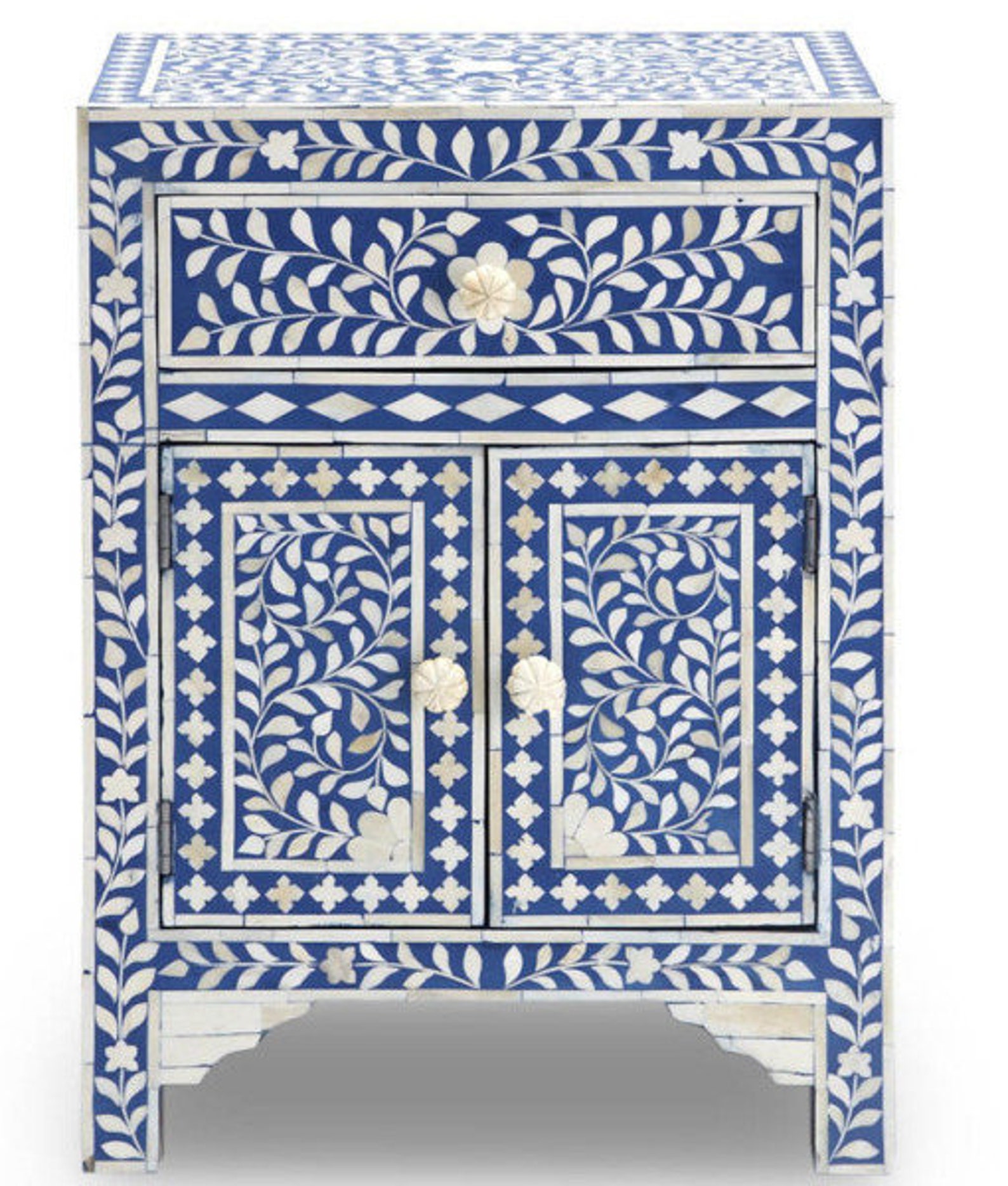 Bone Inlay Blue Floral Pattern Bedside Table - Etsy