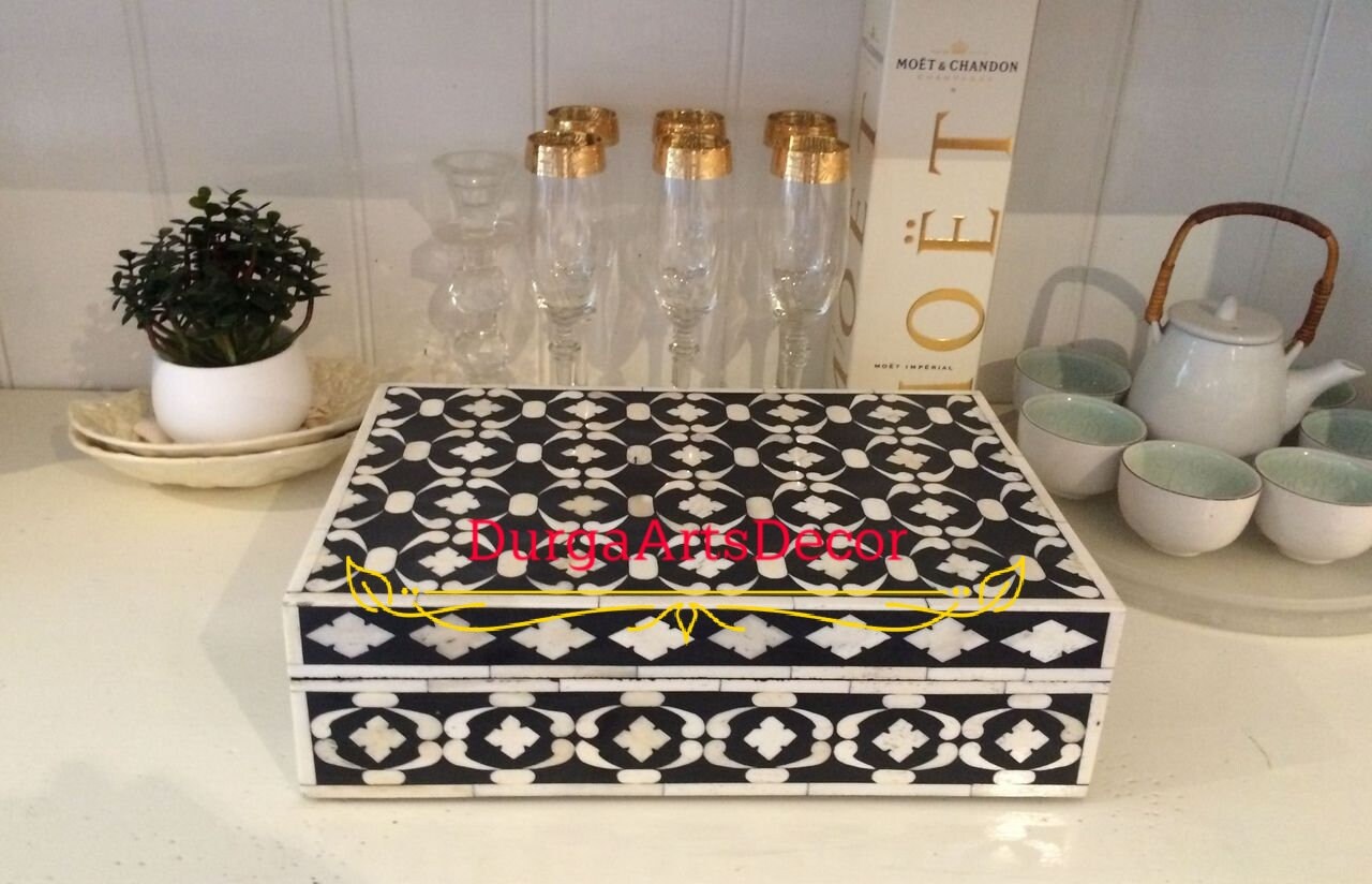 Bone Inlay Black Geometric Designer Box | Etsy