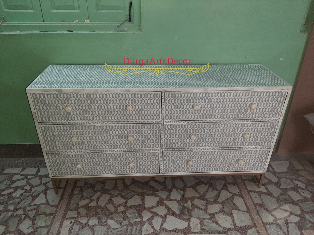 Bone Inlay Grey Celtic Pattern Chest of 6 Drawers , Bone Inlay ...