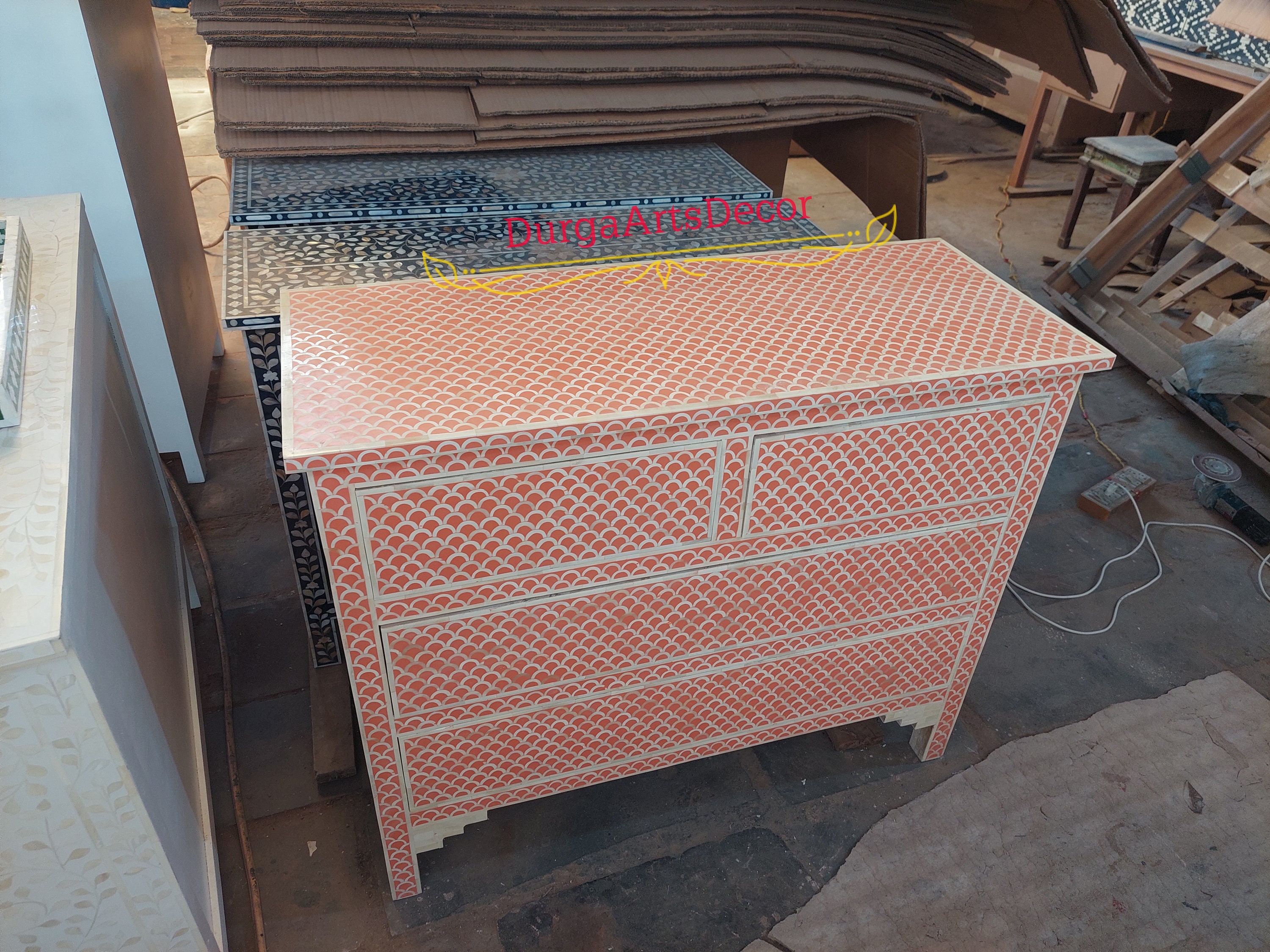 Bone Inlay Orange Fish Scale Pattern Chest of 4 Drawers Dresser - Etsy