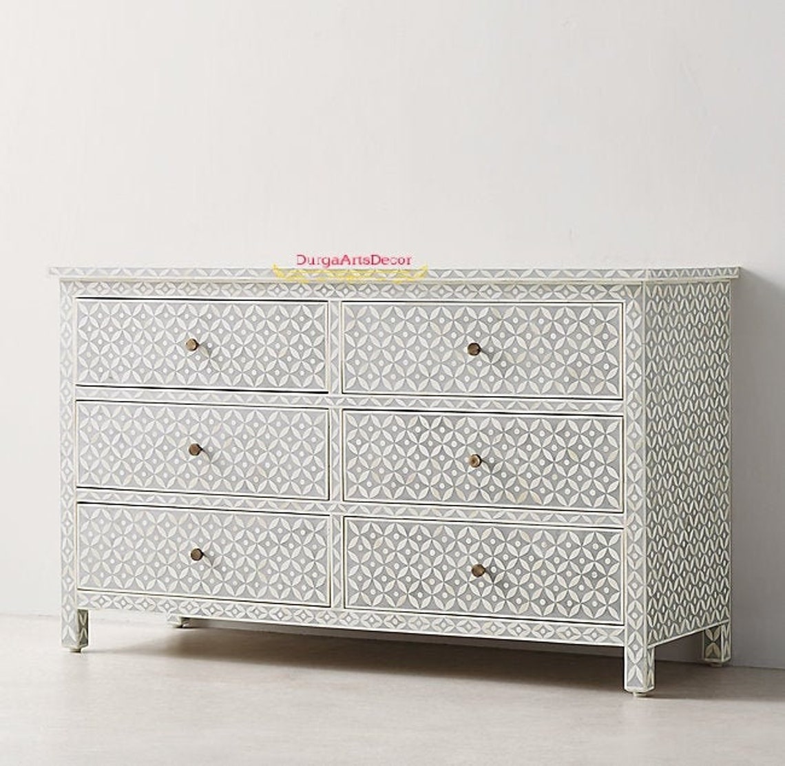 Bone Inlay Cabinet Grey Geometric Pattern Chest of 6 Drawers - Etsy