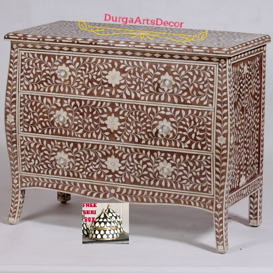 Brown Mother of Pearl Inlay Floral French Chest of 3 Drawer - Etsy