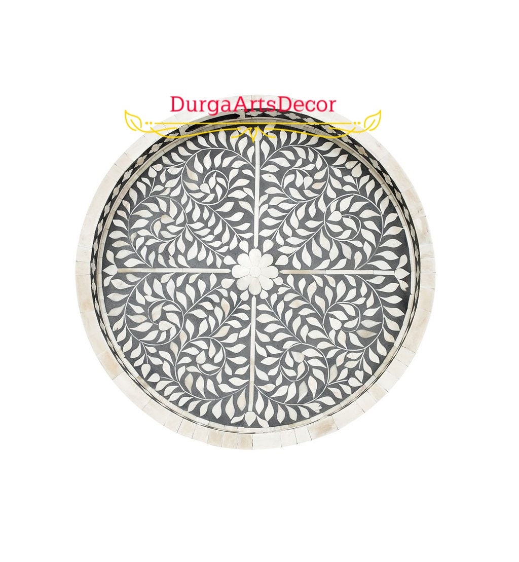 Designer Grey Bone Inlay Round Tray | Etsy