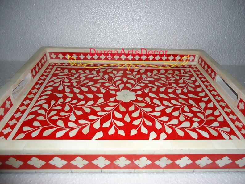 Designer Handmade Red Bone Inlay Floral Tray - Etsy