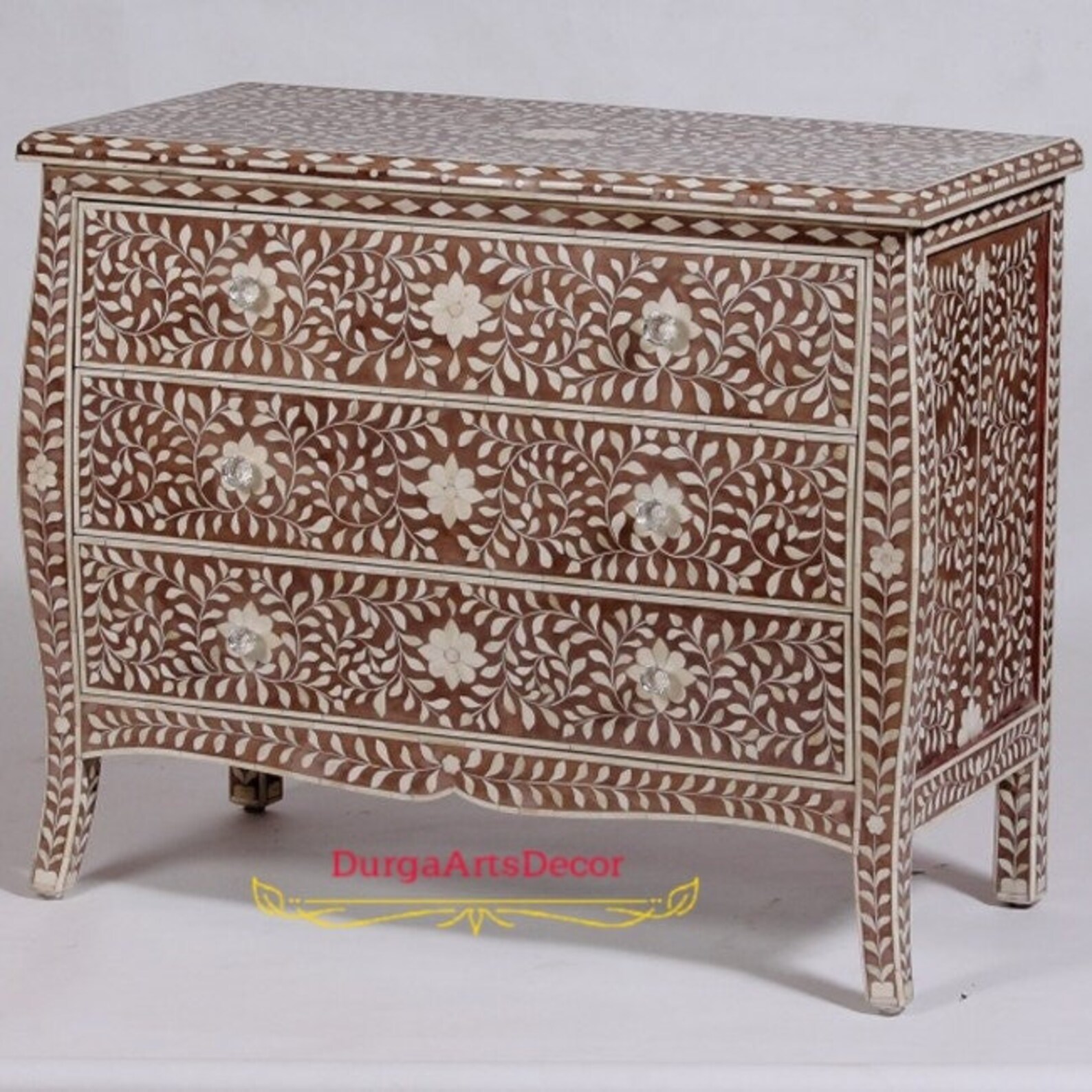 Brown Mother of Pearl Inlay Floral French Chest of 3 Drawer - Etsy