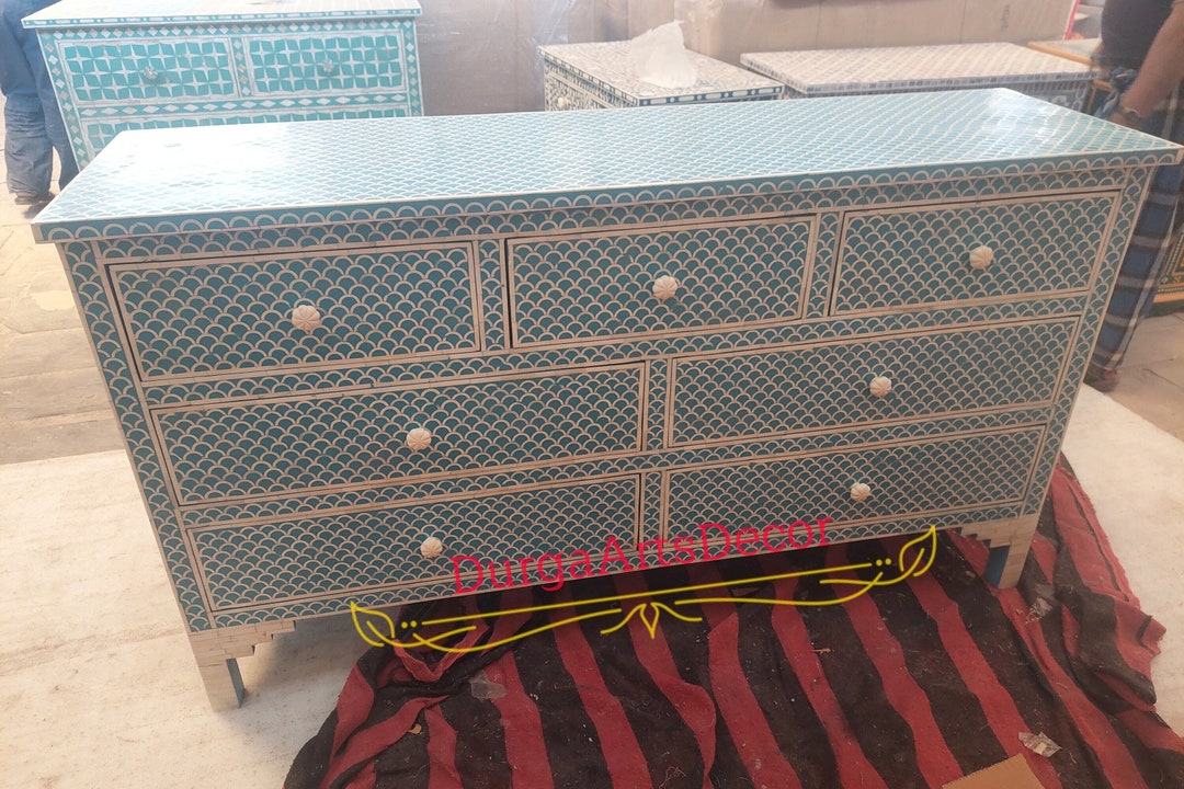 Bone Inlay Blue Fish Scale Pattern Chest of 7 Drawers - Etsy