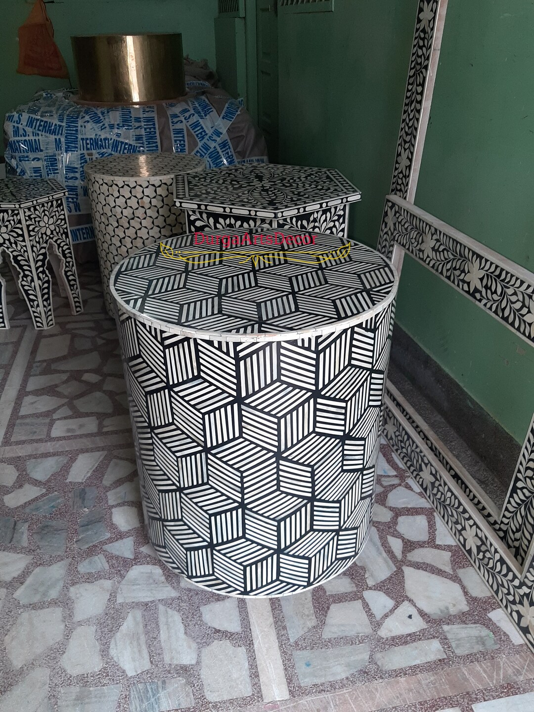 Bone Inlay Designer Handmade Black Strip Pattern Hexagonal Stool - Etsy
