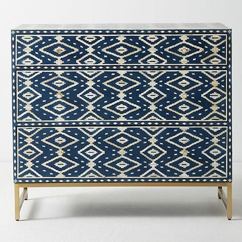 Ikat Navy Bone Inlay 3 Drawers Chest Cabinet Dresser - Etsy