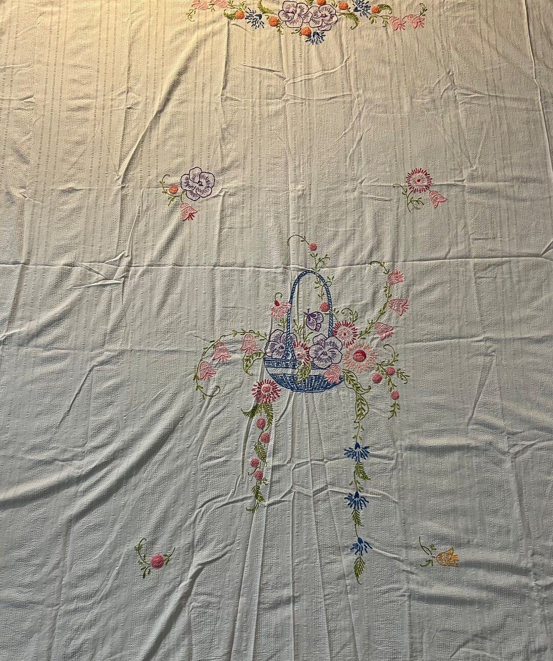 Vintage Coverlet for Twin Bed Embroidered Flower Basket on White Cotton ...