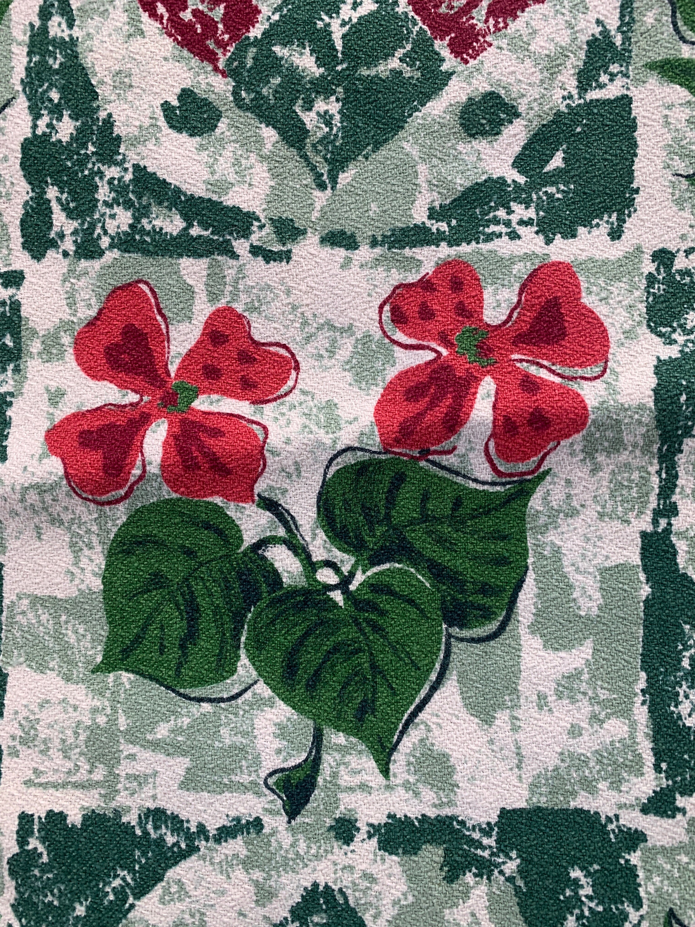 Vintage Barkcloth Retro 1940s MCM Tulips, Flowers and Leaves, Red and ...