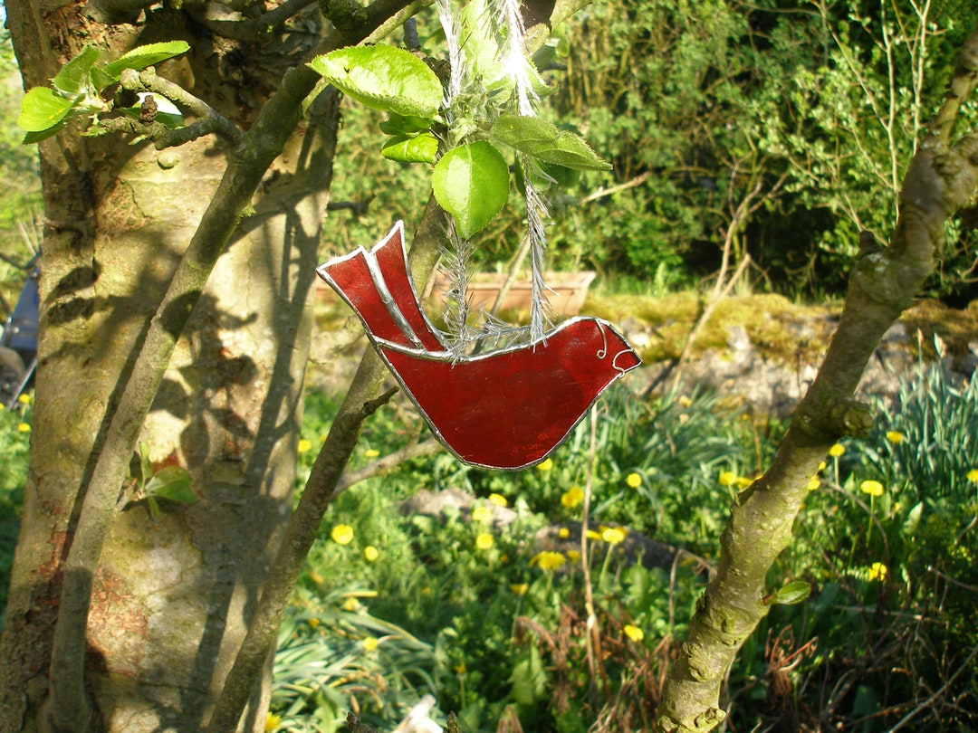 Red Stained Glass Bird Lightcatcher using the Copper foil method, hand ...