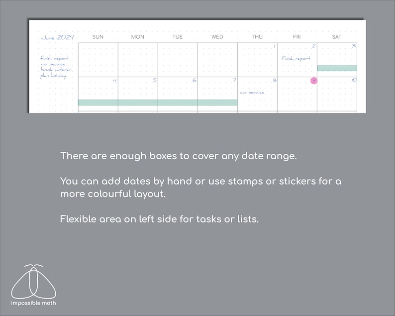 Undated Monthly Printable Dot Grid Calendar, Letter / A4, Monday and ...